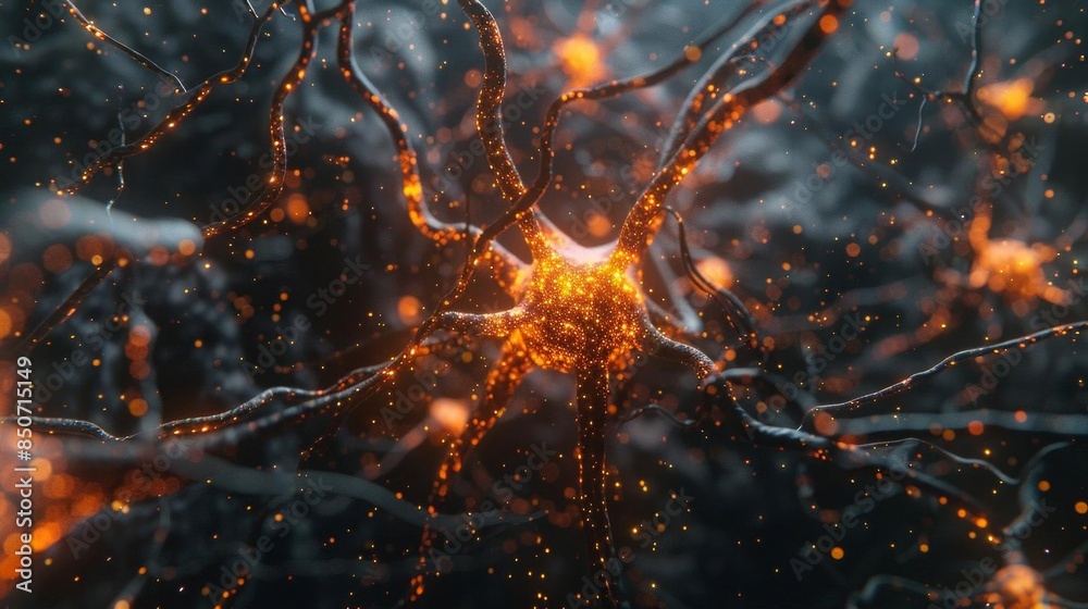 Microscopic image of nerve cells with branching dendrites and glowing ...