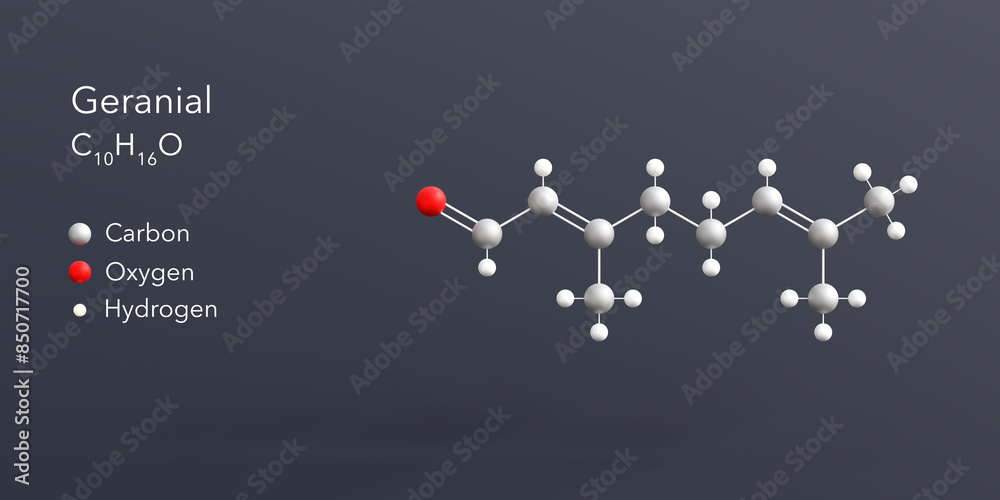 geranial molecule 3d rendering, flat molecular structure with chemical ...