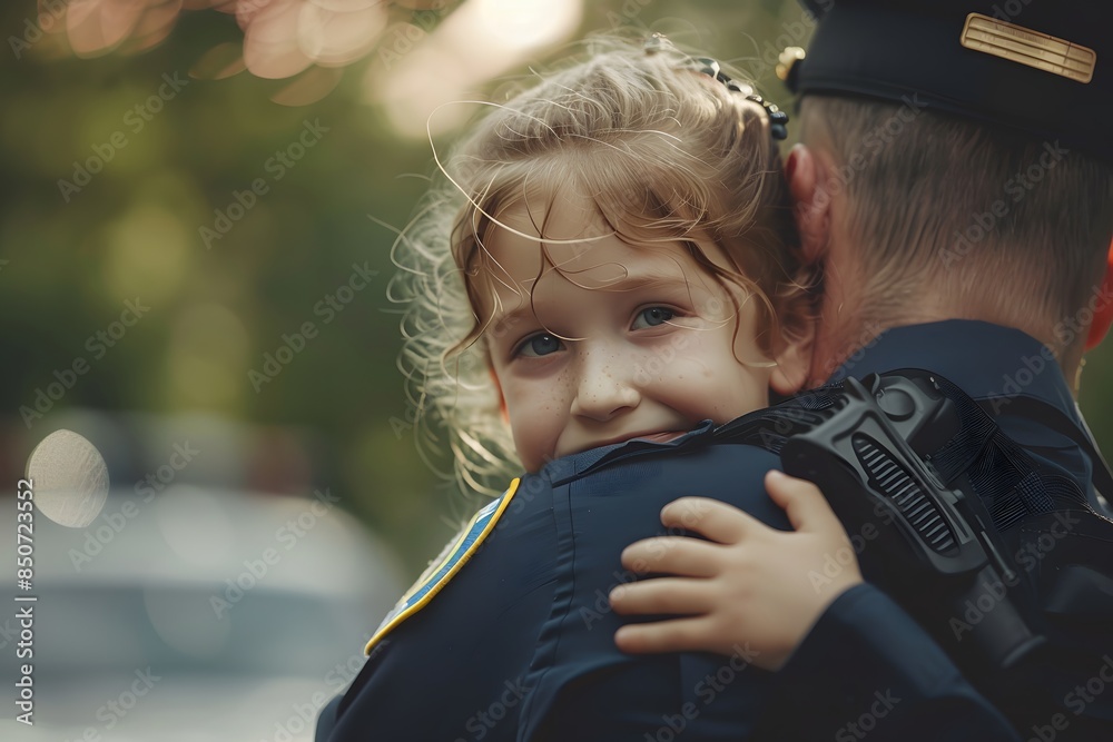 Little child hugging police officer Stock Photo | Adobe Stock