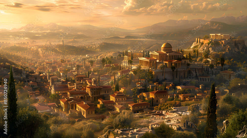 An ancient Athens scene with the Acropolis, the Parthenon, and other ...