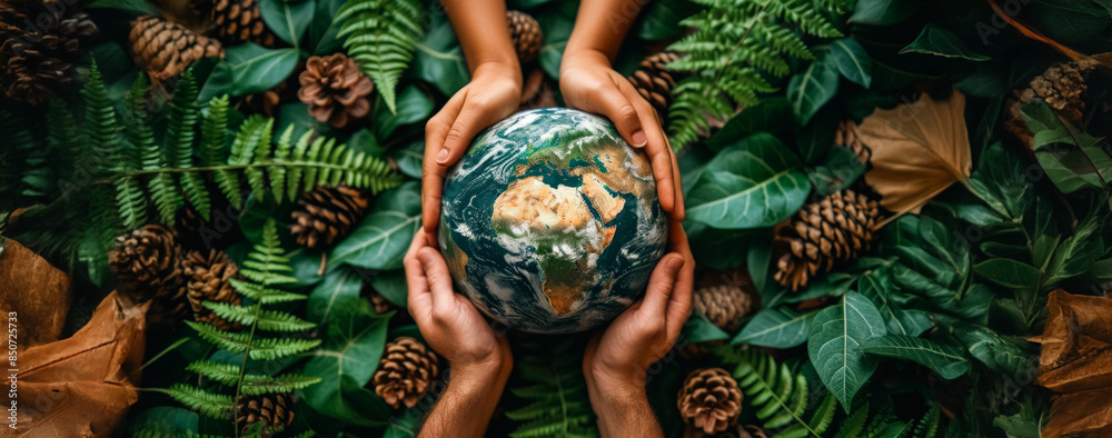 Hands of diverse people holding a globe surrounded by lush greenery ...