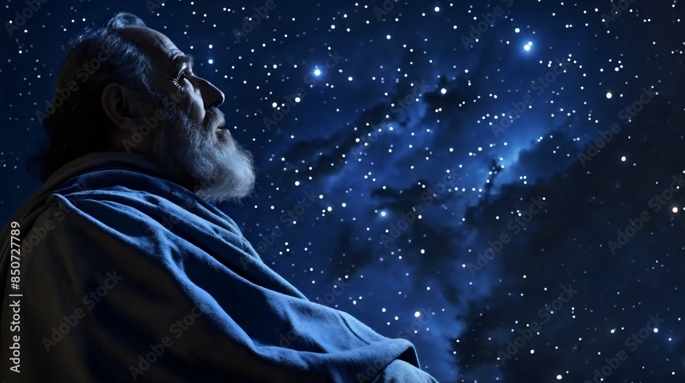 Abraham sitting on step gazing at starry night sky, faith and ...