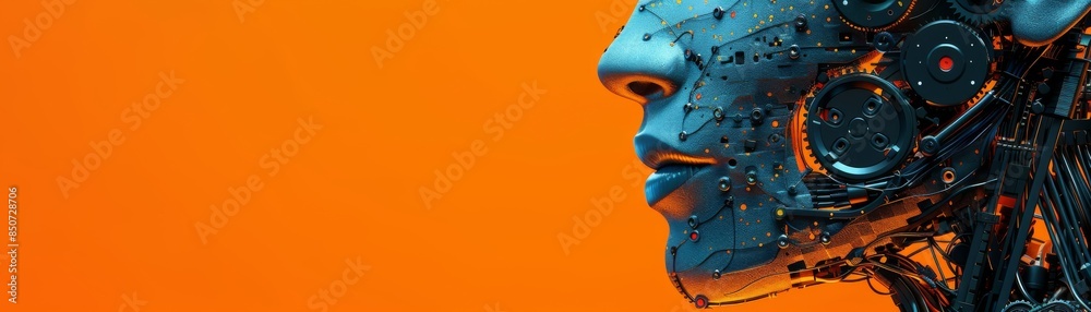 Intricate metallic robotic face with gears on orange background ...