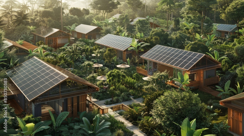 Illustration of a sustainable tourism resort with solar-powered ...