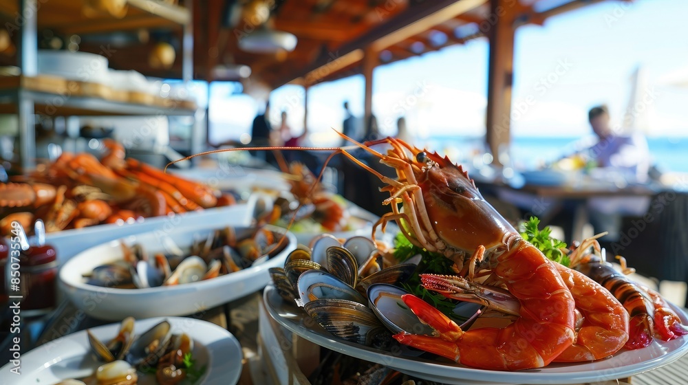 seafood restaurant by the beach, with fresh catches displayed and a ...