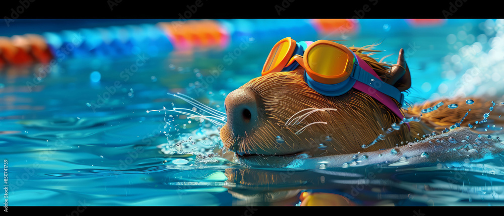 This 3D rendered banner features a capybara in a swimming cap and ...