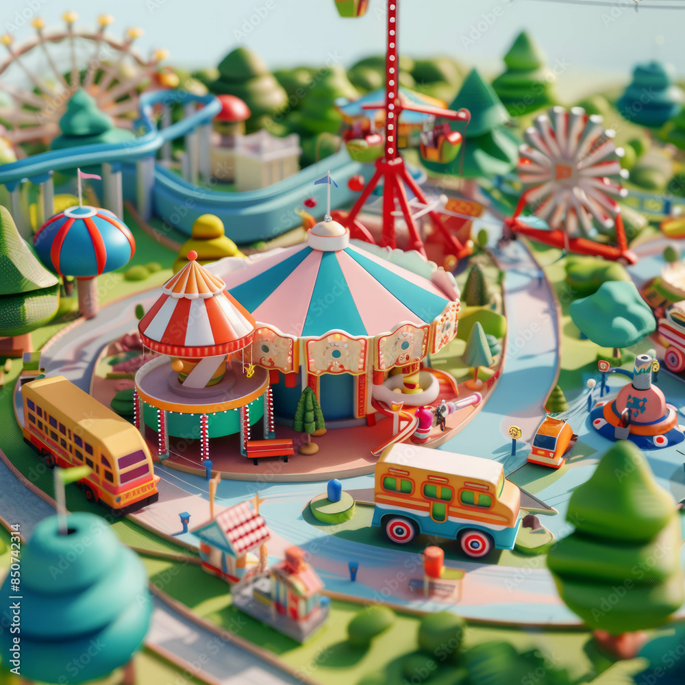 A digital illustration of an amusement park at daytime, featuring soft ...