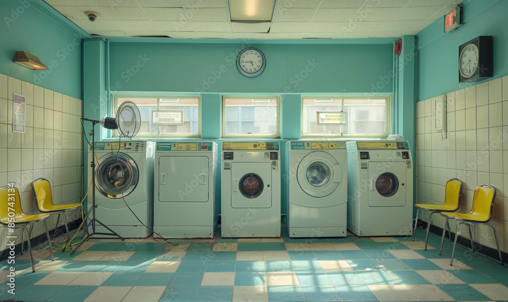 An architecture photography featuring a row of washing machines and ...