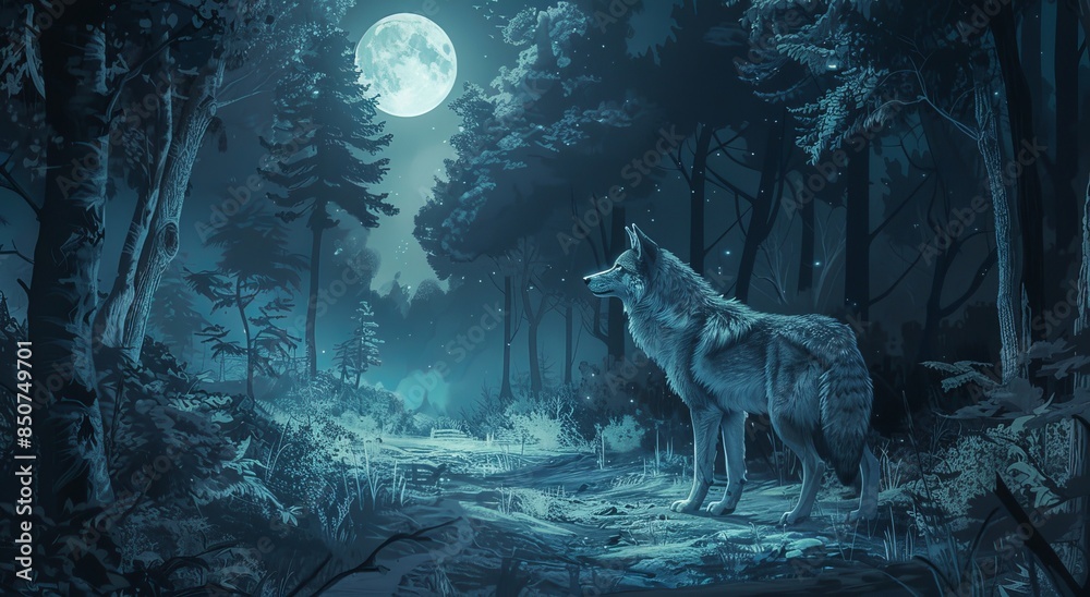 An illustration of wildlife surrounded by old trees and forests, with a ...