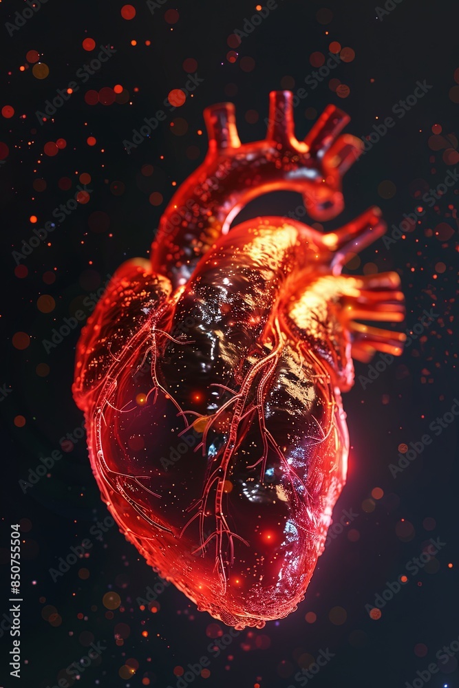 Anatomically correct red digital human heart. Futuristic 3D rendering ...