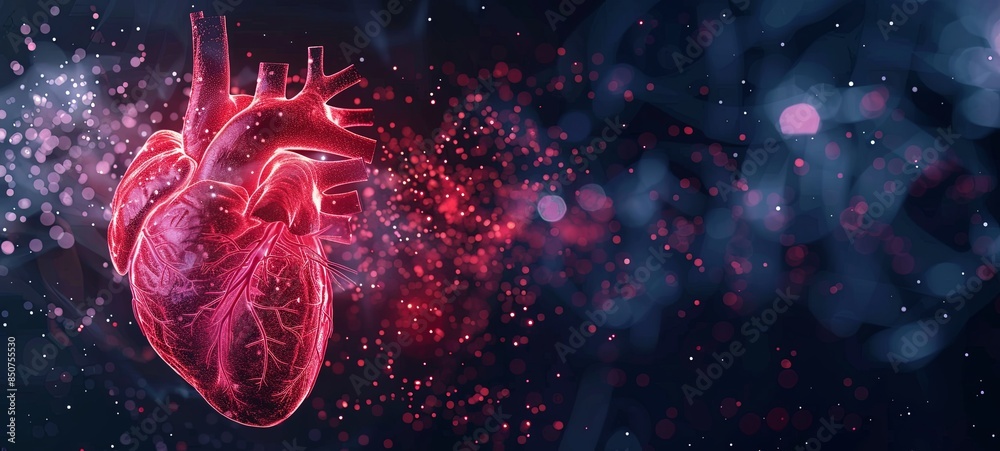 Anatomically correct red digital human heart. Futuristic 3D rendering ...