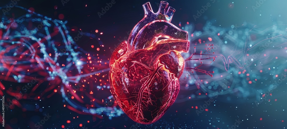 Anatomically correct red digital human heart. Futuristic 3D rendering ...