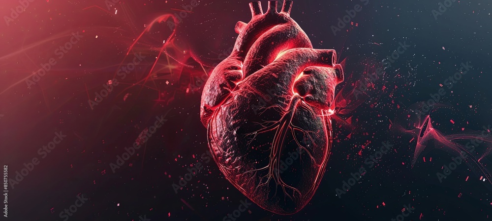 Anatomically correct red digital human heart. Futuristic 3D rendering ...