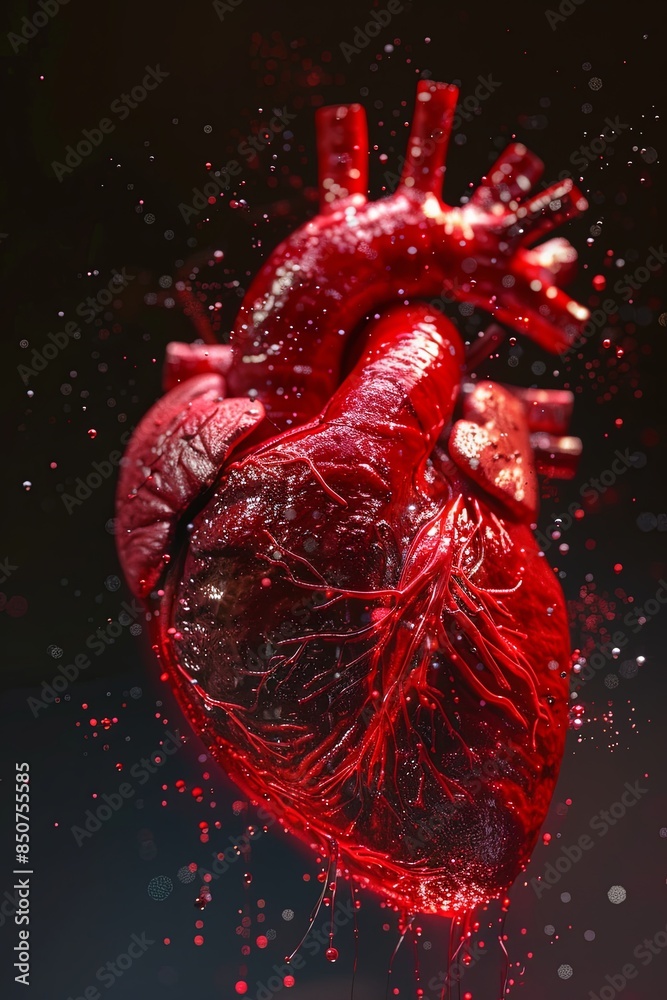 Anatomically correct red digital human heart. Futuristic 3D rendering ...