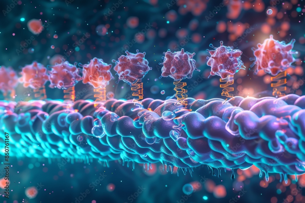 3D illustration of a cell membrane with protein receptors, showing the ...