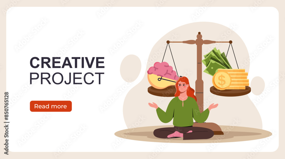 Balance creative project poster. Woman sits near scales with gold coins ...