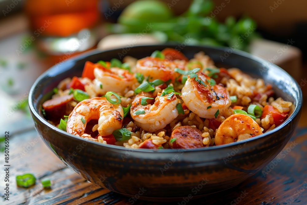 Close-Up Delicious Spicy Jambalaya With Shrimp, Sausage, And Rice In ...