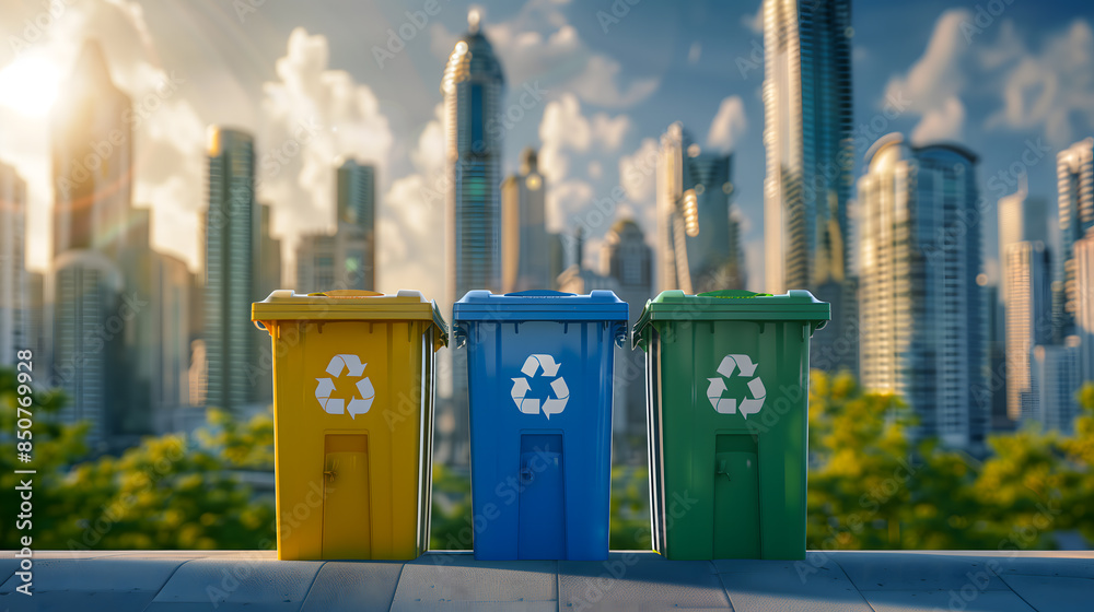 Foto de Trois poubelles de recyclage de différentes couleurs (jaune ...