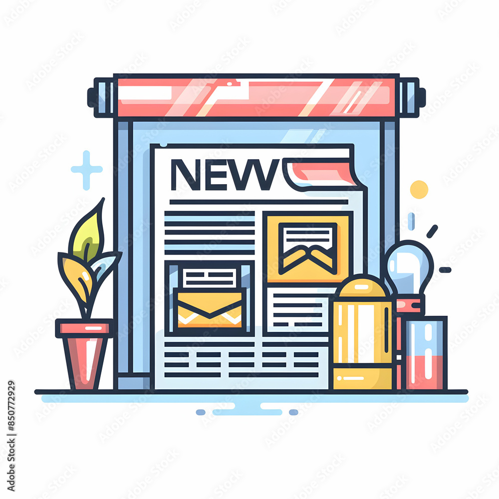 3D Flat Icon: Sleek News System with News Ticker and Copy Space for ...