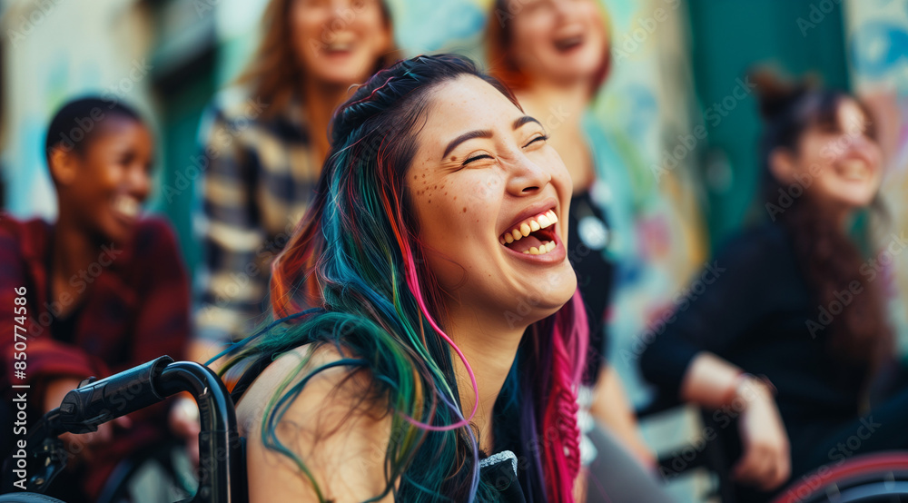 Foto de Happy disabled asian woman with blue hair in wheelchair ...
