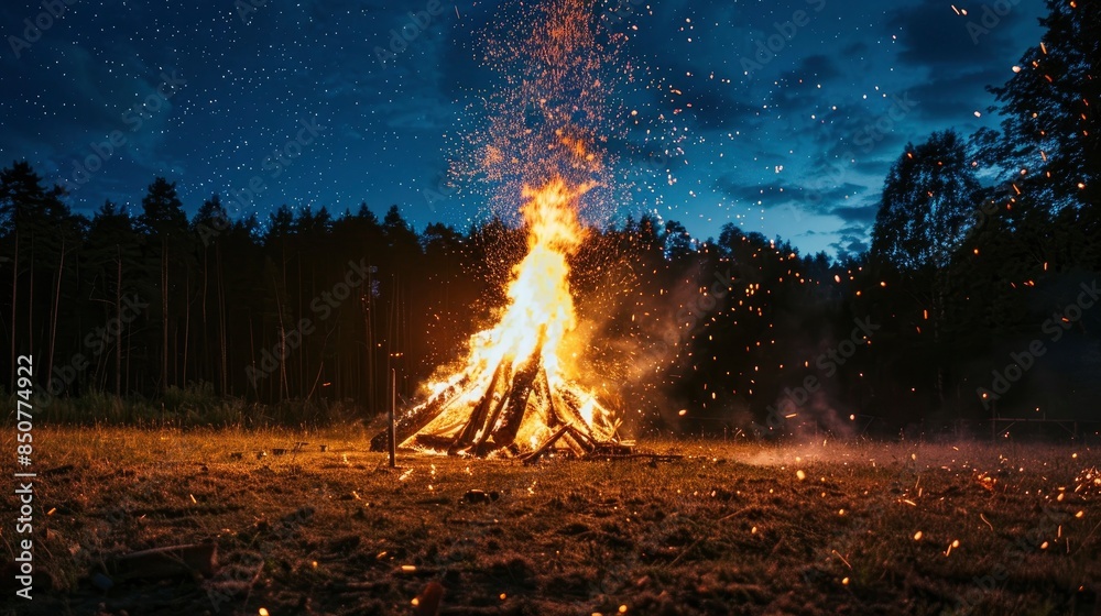 Huge bonfire in the woods at night, summer solstice festival, sparks ...