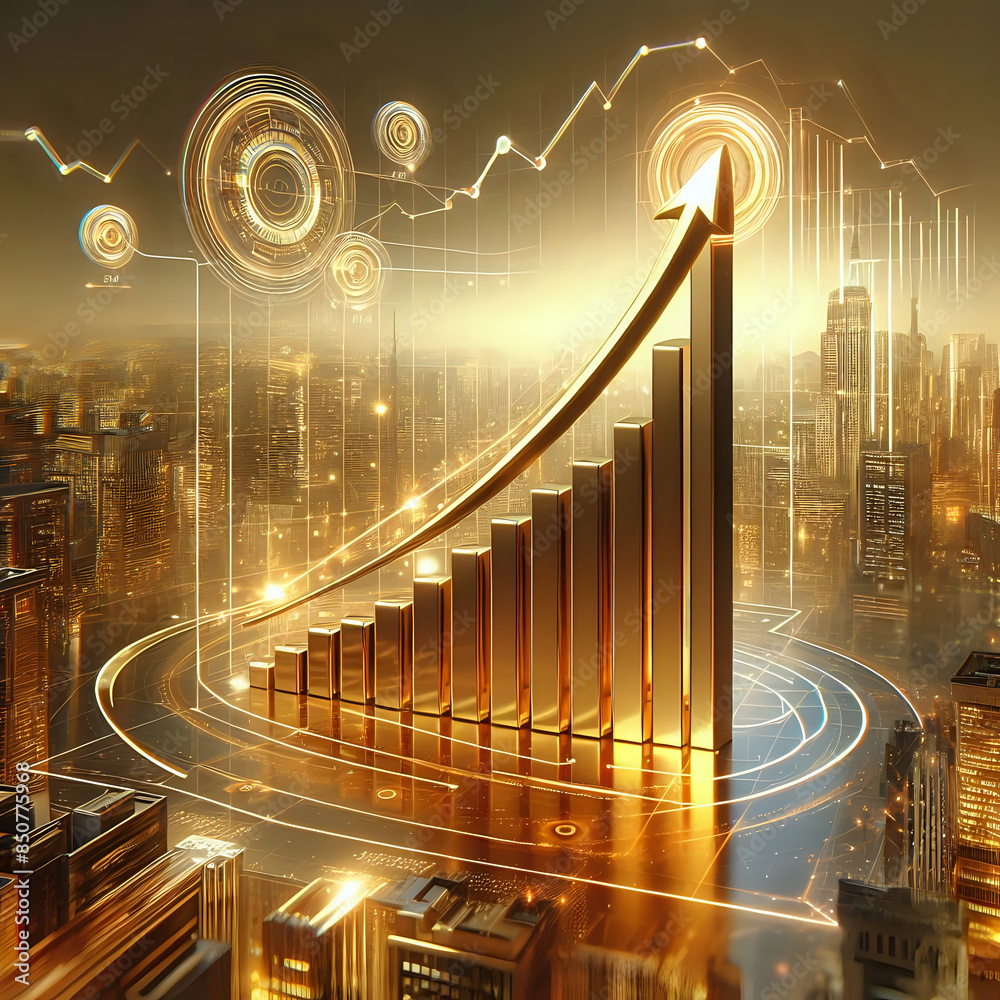 A gold bar graph with an arrow pointing upwards, superimposed on a ...