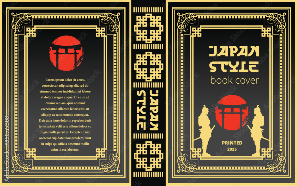 Two samurais guarding japanese style book cover with red sun and torii ...