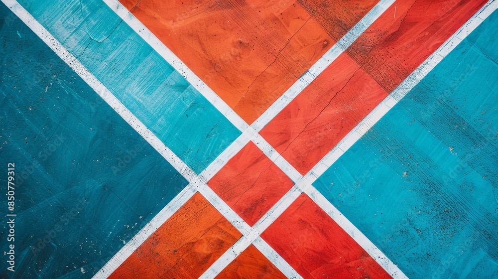 Abstract geometric painting with vibrant red, blue, and orange patterns forming intersecting ...