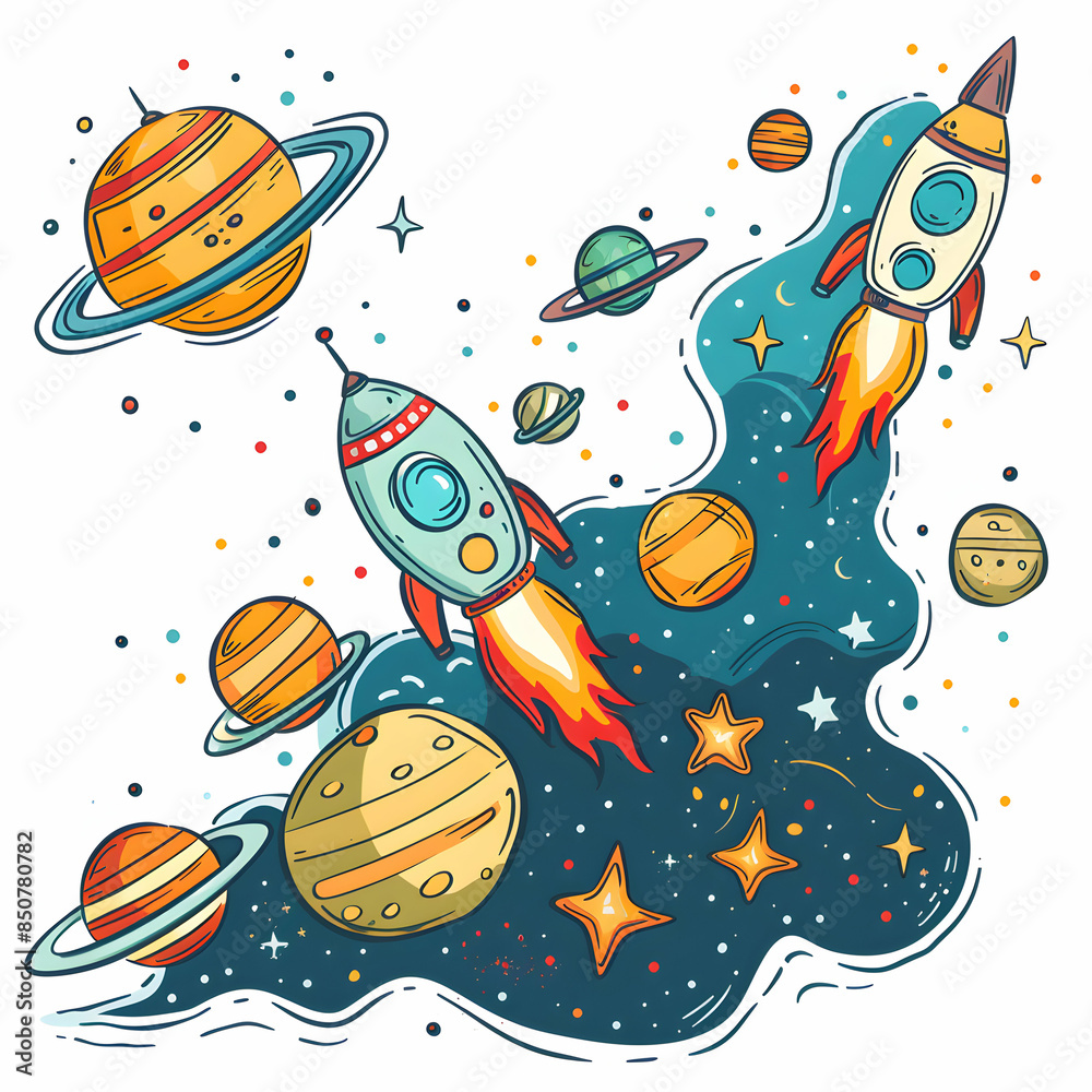 Distant Worlds Exploration: 3D Flat Icon of Space Probes and Planets in ...