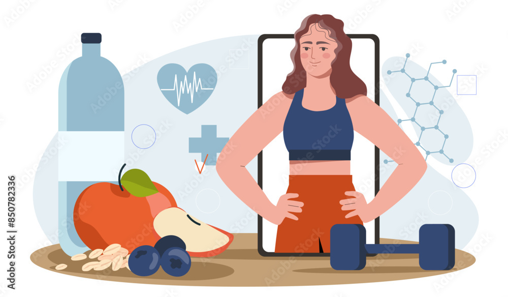 Nutritionist woman concept. Young girl on smartphone screen near fruits ...