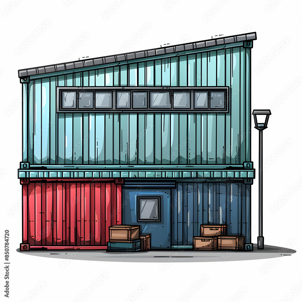 An artistic rendering of a warehouse exterior and a shipping container ...