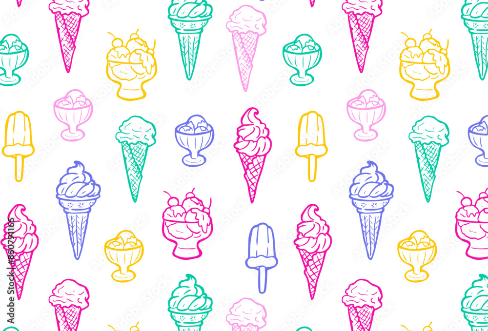 Vetor de Hand drawn Ice cream pattern. Wallpaper with vivid colours ice ...