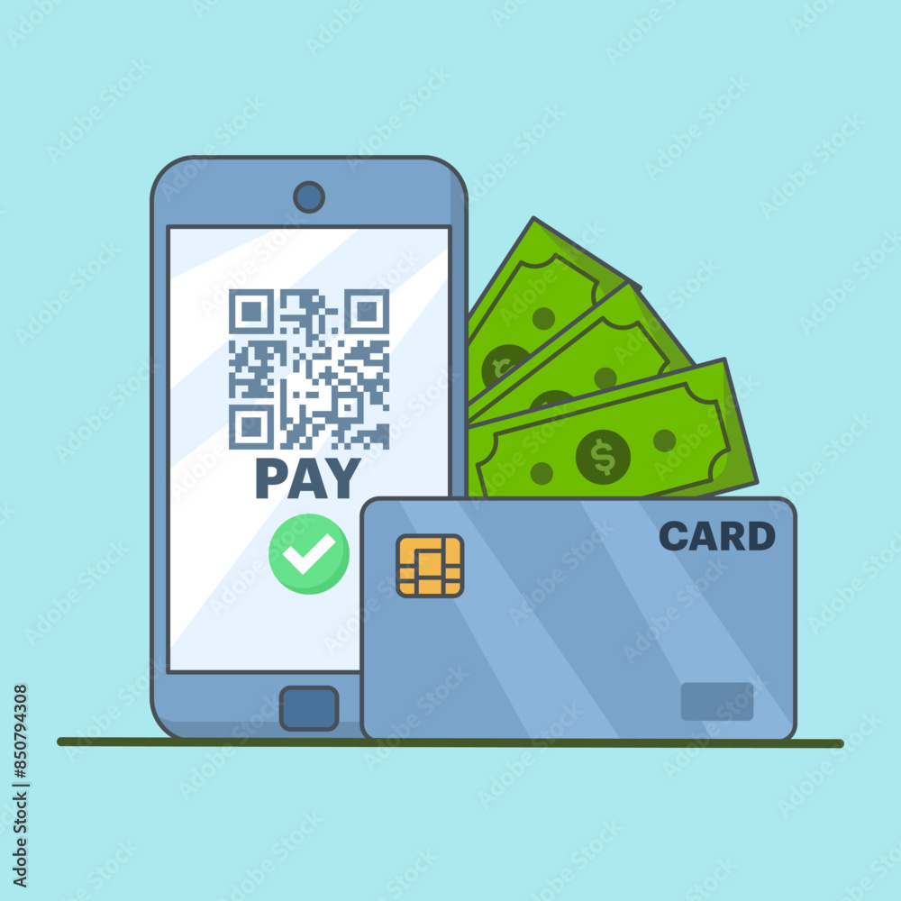 Concept of making cashless payments, with mobile phone or debit card ...