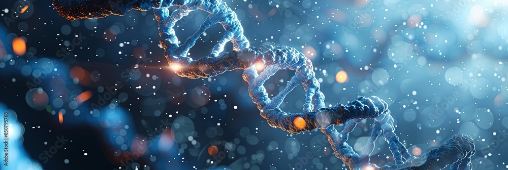 This widescreen image shows a stylized DNA structure made of glowing ...