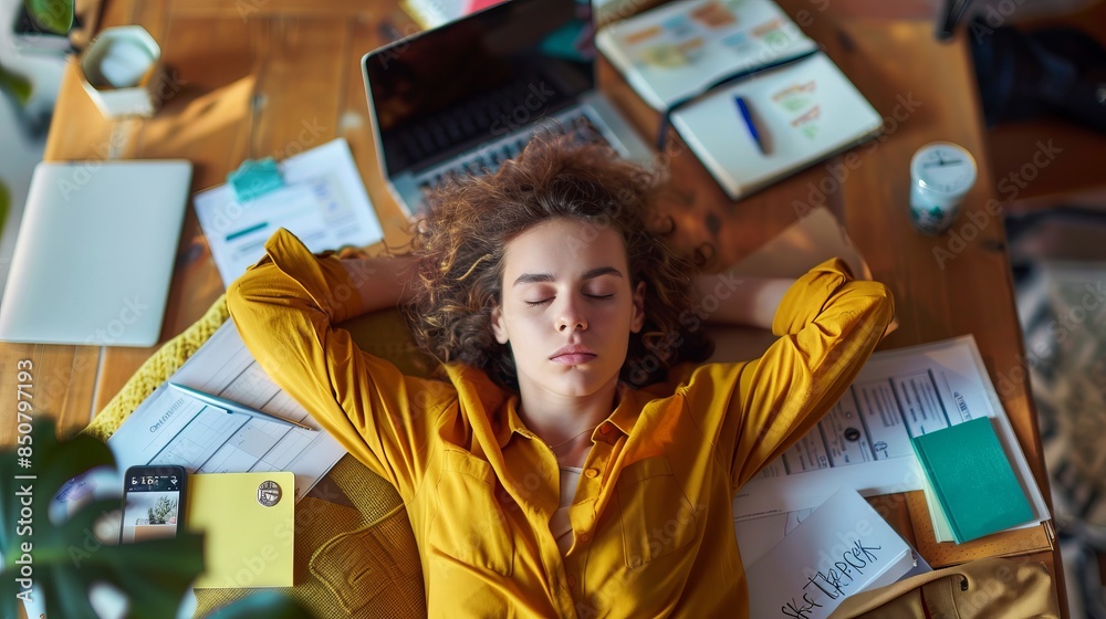 Young woman taking a break from work, lying on a desk full of office ...
