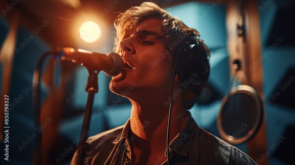 A professional singer standing in a soundproof studio, passionately ...