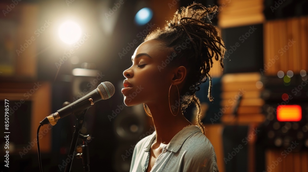 A professional singer standing in a soundproof studio, passionately ...