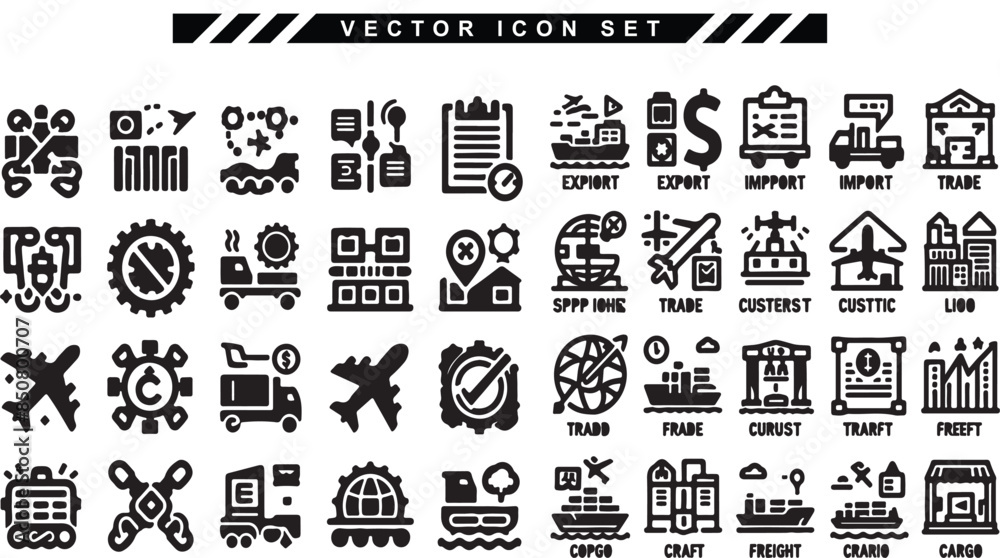 Export import icon collection set with supply chain, trade, customs ...