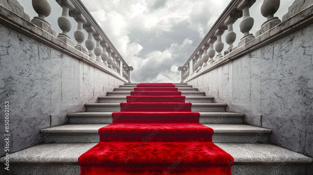 Elegant red carpet on stone stairs leading upward. Classic architecture ...