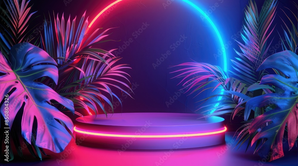 Abstract neon color scene with podium. illustration render of cylinder ...