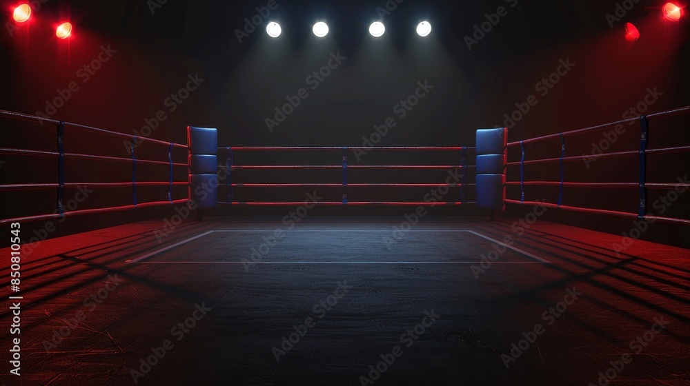 Empty boxing ring with dramatic red and blue lighting, ready for a ...