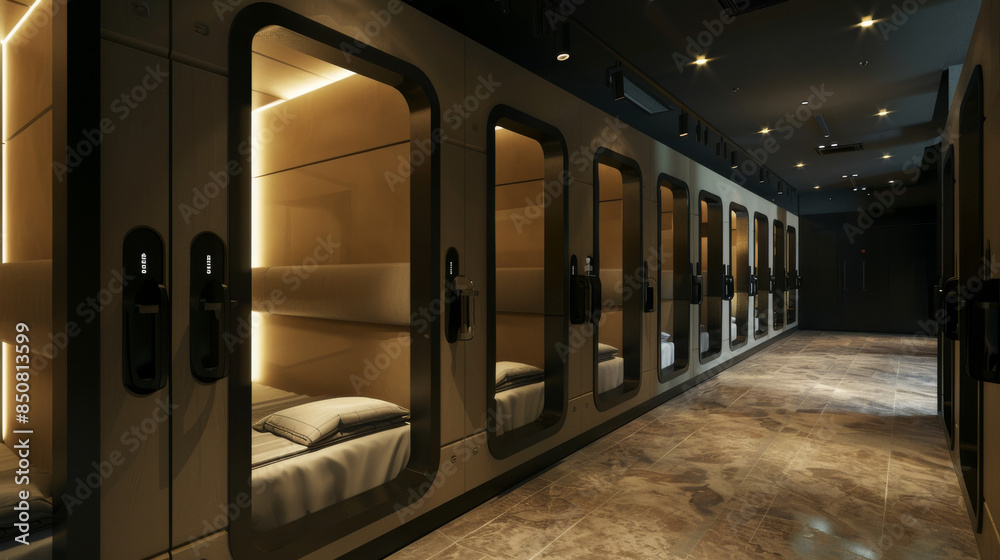 Rows of modern, illuminated sleeping pods in a sleek, high-tech capsule ...