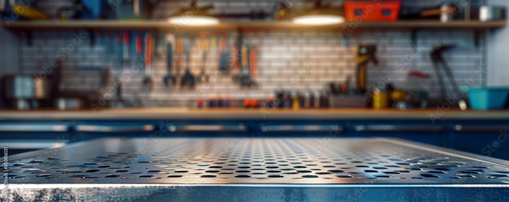 Empty metal surface on a blurred background of the garage or home ...