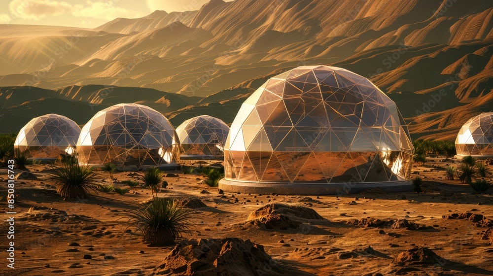Terraforming Mars, biosphere domes, front view, presenting habitat ...
