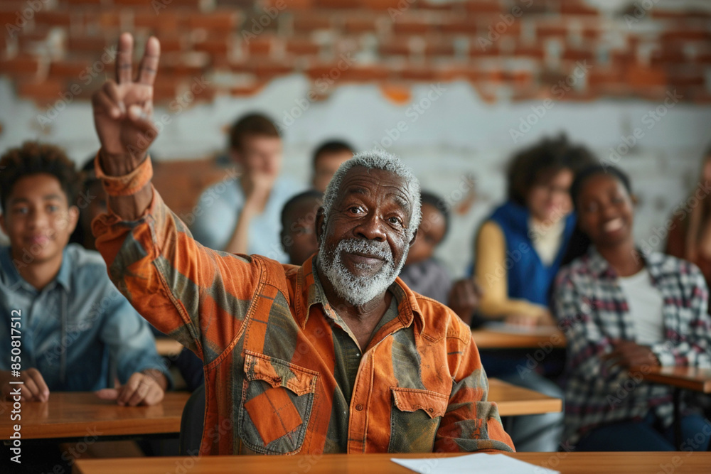 Education study at any age. Excited African-American senior man raising ...