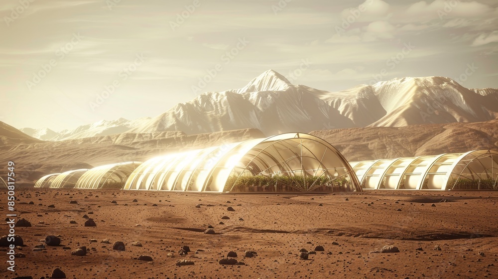 Martian farming, sustainable habitats, front view, depicting advanced ...