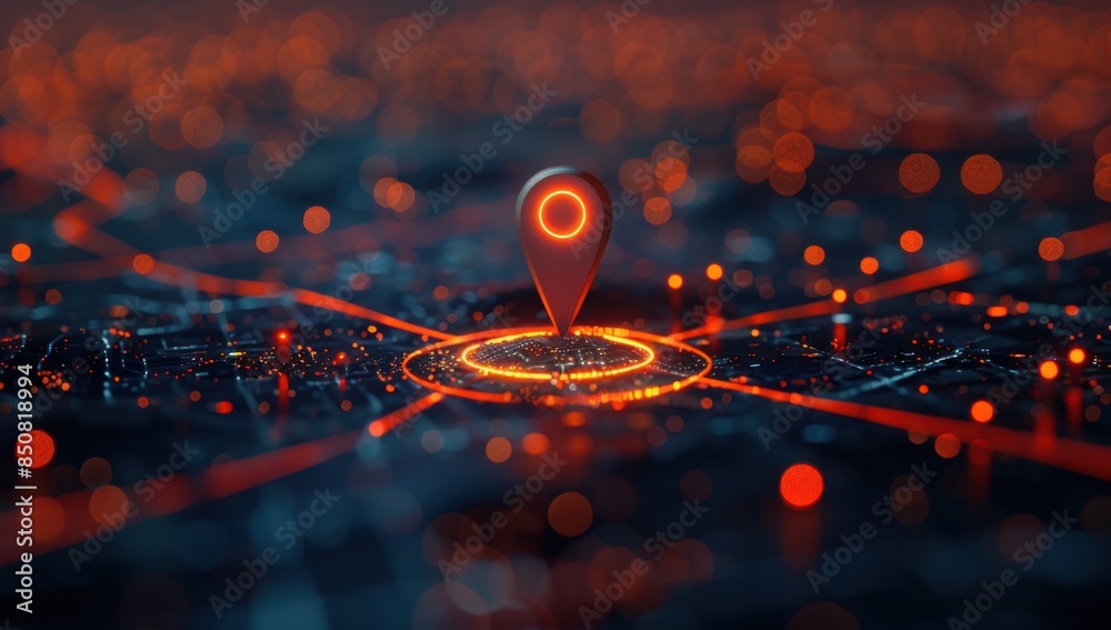 location pin on the map with glowing orange lines leading to it ...