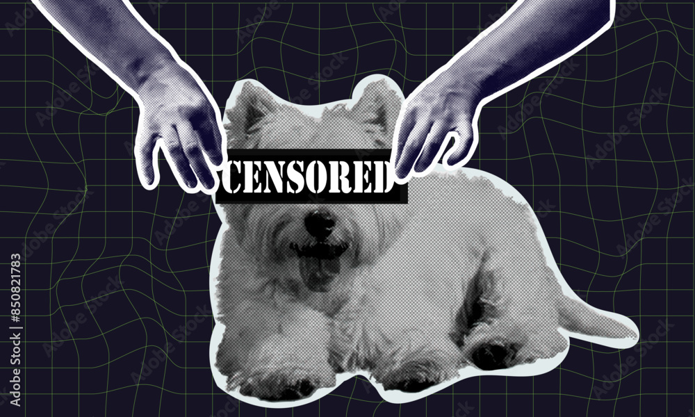 Vector collage with halftone effect. Dog with censored element on eyes ...
