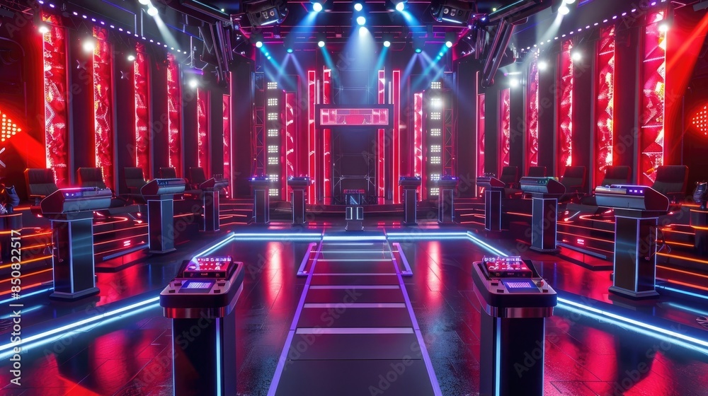 Game Show Set: An elaborate game show set with podiums, buzzers, and a ...