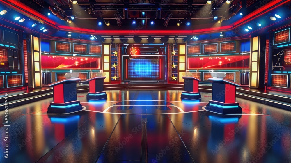 Game Show Set: An elaborate game show set with podiums, buzzers, and a ...
